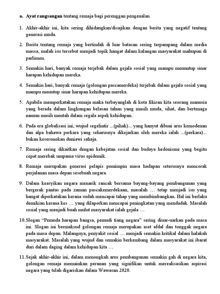 Ayat Rangsangan Tentang Remaja Bagi Perenggan Pengenalan | PDF | Ilmu ...