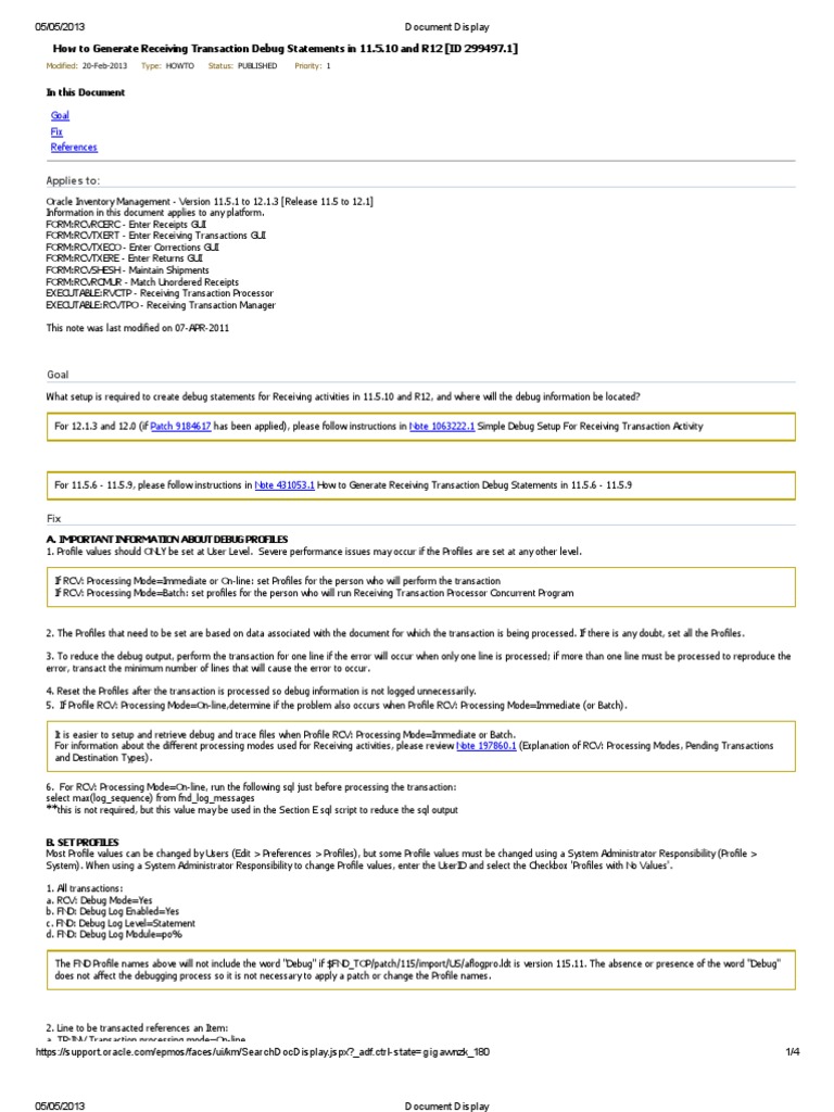 How To Generate Receiving Transaction Debug Statements In 11510 And R12 Pdf Database 