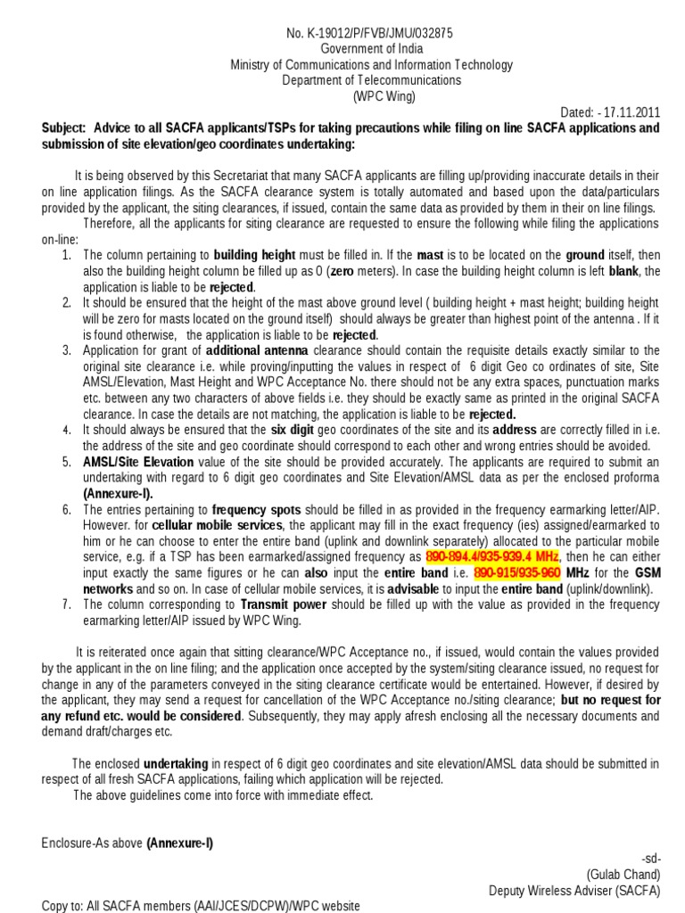 Circular Dated 17.11.2011 To SACFA Applicants | PDF | Wireless ...