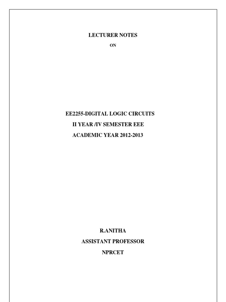 EE2255 Digital Logic Circuits PDF Boolean Algebra Teaching