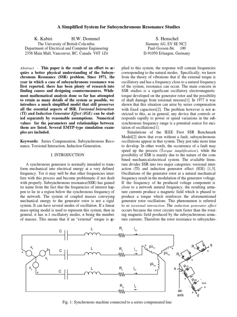 A Simplified System For Subsynchronous Resonance Studies | PDF