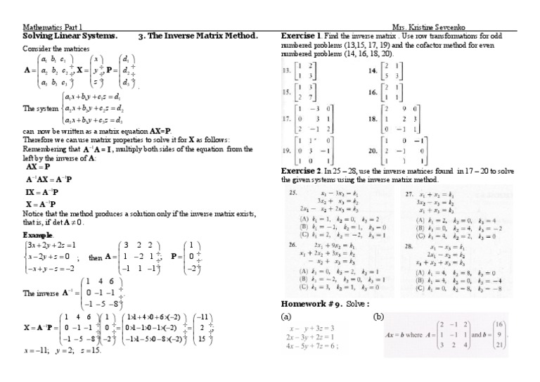 Inverse Matrix Method for Linear Systems | PDF
