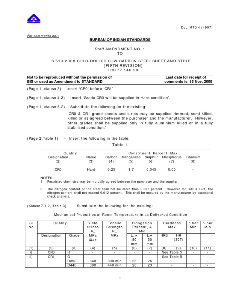 Is 513 2008 | PDF | Steel | Chemical Product Engineering
