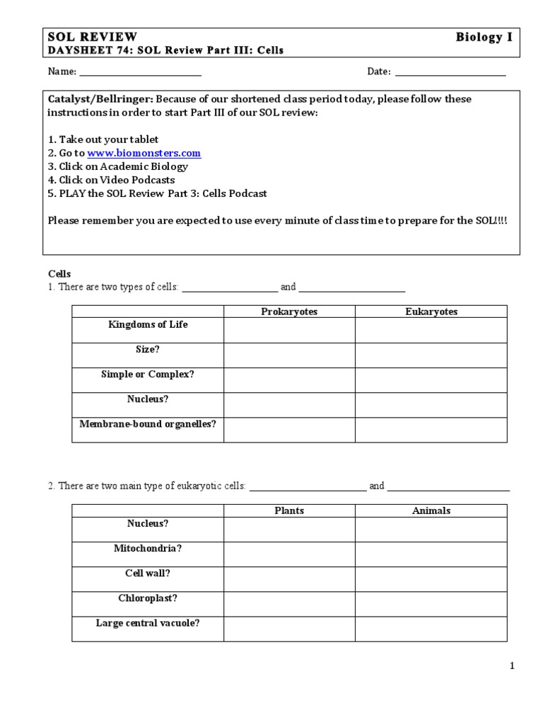 ds74 Sol Review Cells | PDF | Eukaryotes | Cell (Biology)