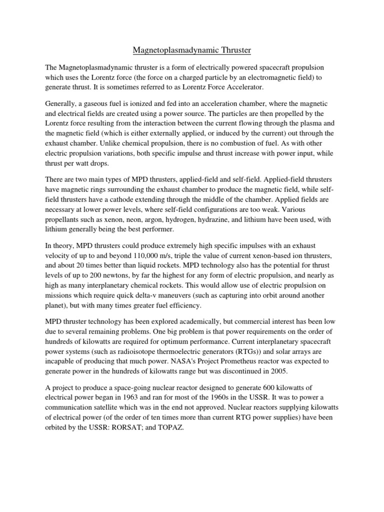 Magnetoplasmadynamic Thruster | PDF | Spacecraft Propulsion | Aerospace