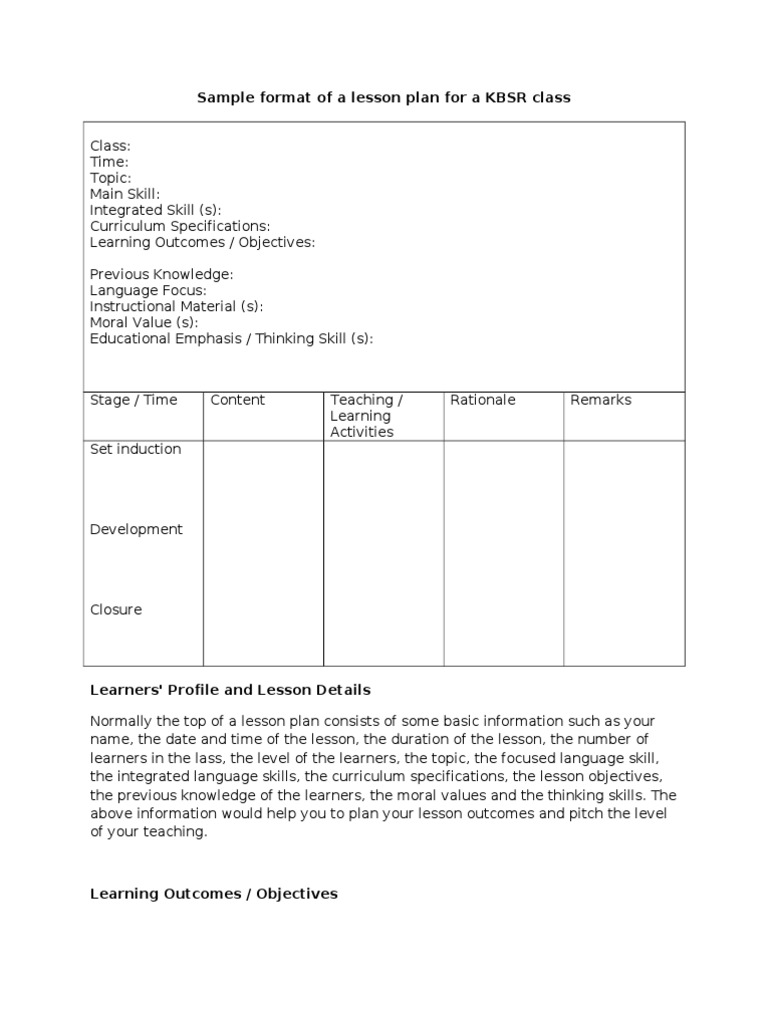 Format of A Lesson Plan For A KBSR | PDF | Lesson Plan | Curriculum