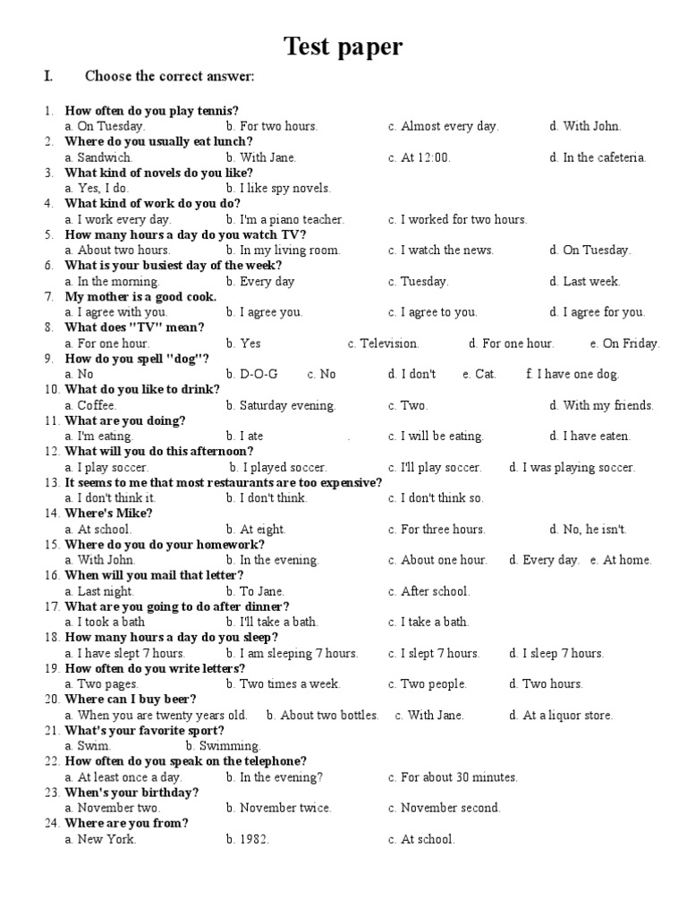 Test Paper: I. Choose The Correct Answer | PDF | Leisure