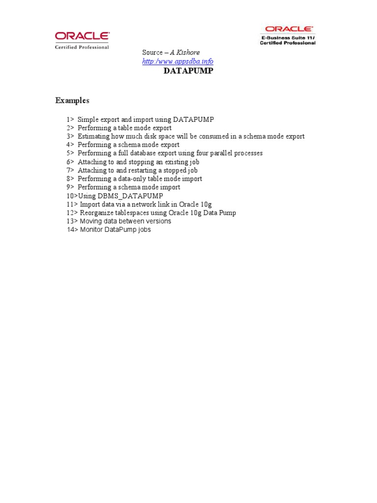 Datapump: Moving Data Between Versions 14 Monitor Datapump Jobs | PDF ...