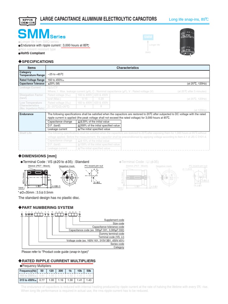 Large Capacitance Aluminum Electrolytic Capacitors: Specifications ...