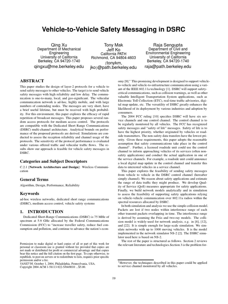 Vehicle-to-Vehicle Safety Messaging in DSRC | PDF | Quality Of Service ...
