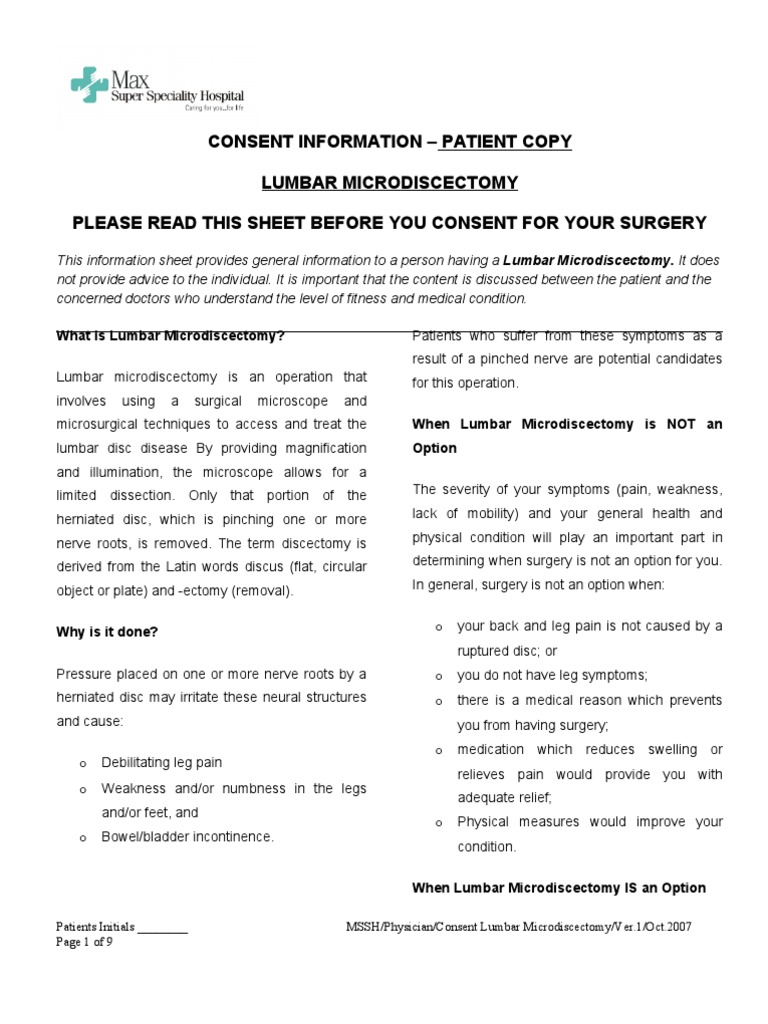 Consent Lumbar Microdiscectomy | PDF | Surgery | Wound