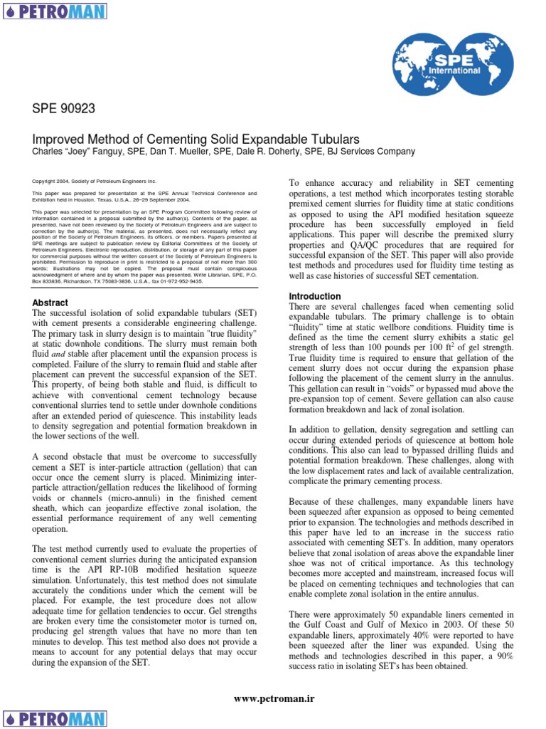 SPE 90923 Improved Method of Cementing Solid Expandable Tubulars | PDF ...