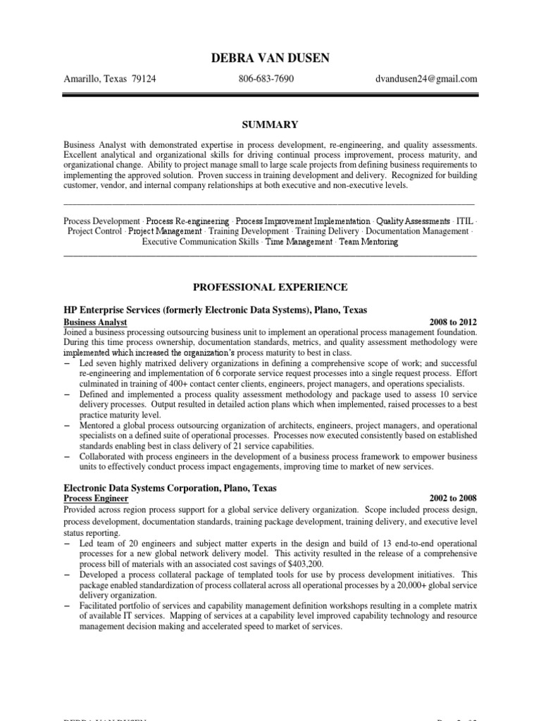 Business Analyst Process Management in Amarillo TX Resume Debra Van ...