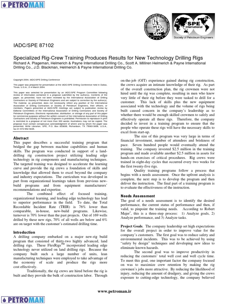 IADC/SPE 87102 Specialized Rig-Crew Training Produces Results For New ...