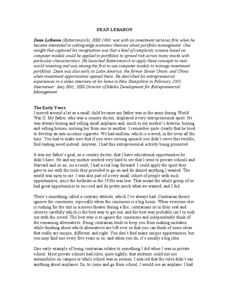 Dean Lebaron (Batterymarch), Hbs 1960, Was With An Investment Services ...