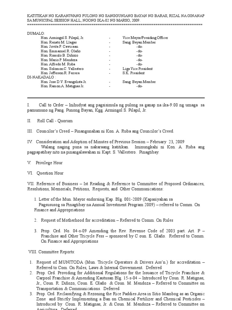 Minutes of the SB Regular Session, 2 March 2009