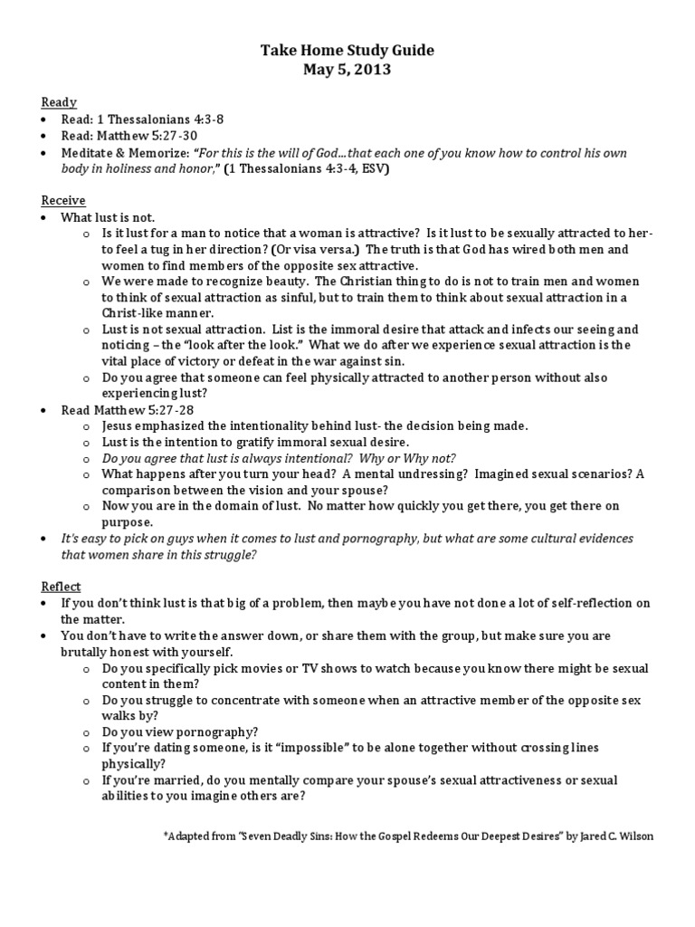 Take Home Study Guide 5-5-13 | PDF | Lust | Gospel Of Matthew