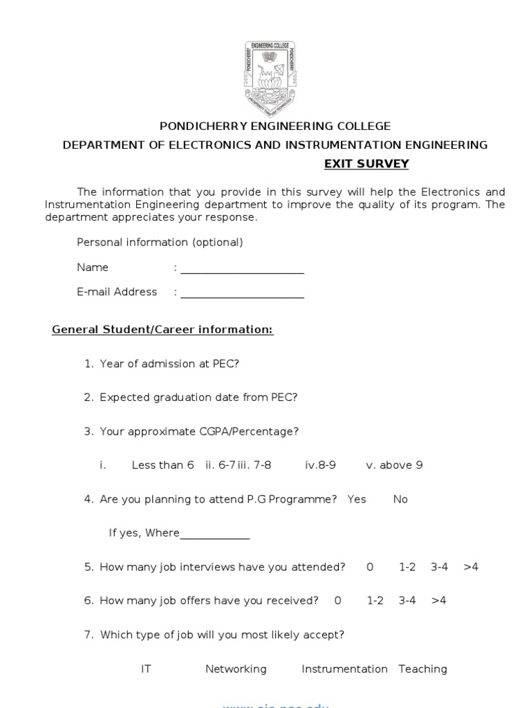 5 - Exit Survey Form | PDF | Engineering | Survey Methodology