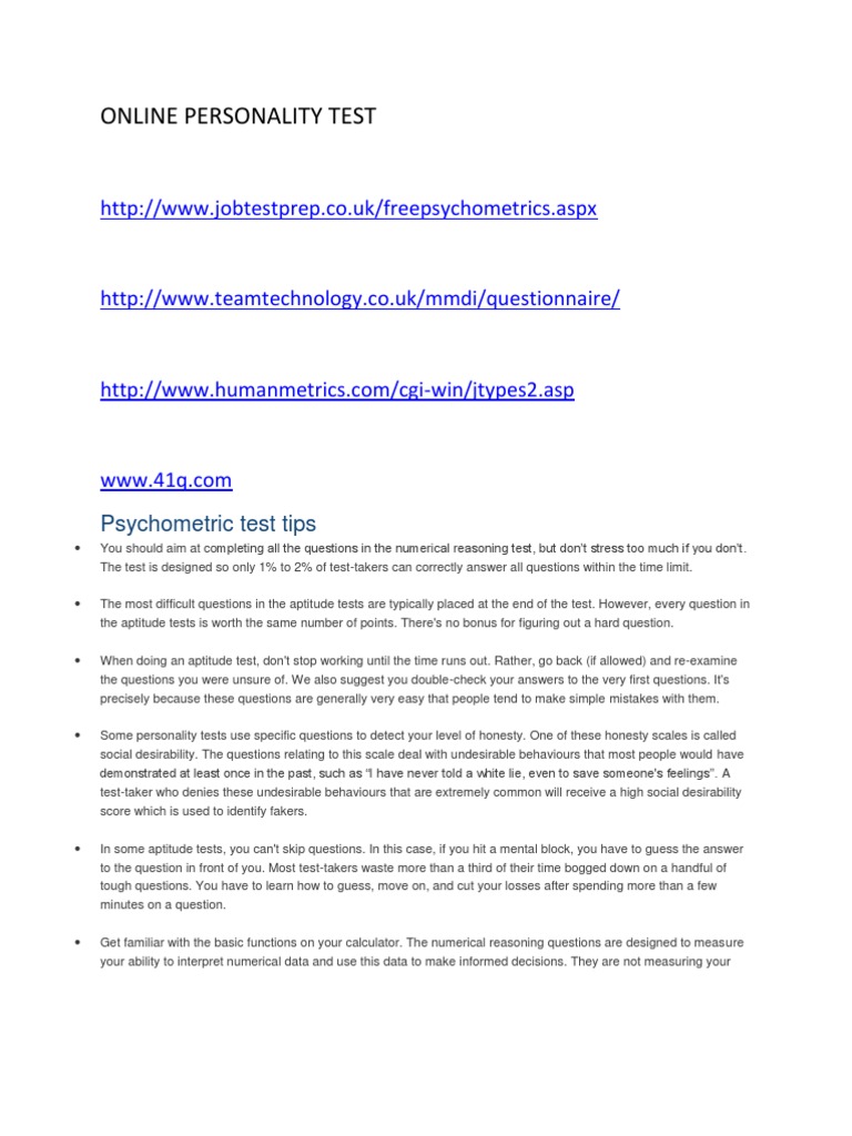 Online Personality Test | PDF | Test (Assessment) | Quality Of Life