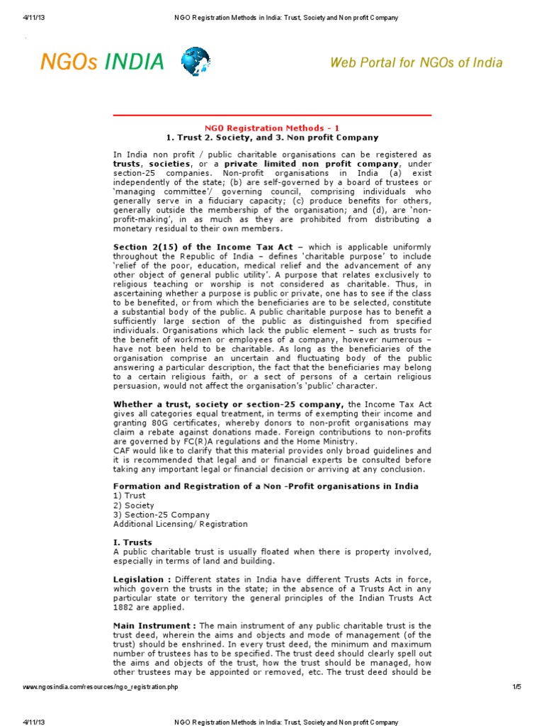 NGO Registration Methods in India - Trust, Society and Non Profit ...