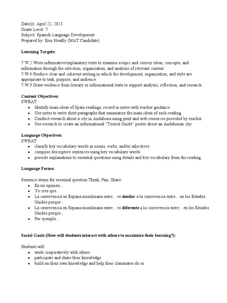 Spanish Language Development Lesson Plan | PDF | Vocabulary | Reading ...