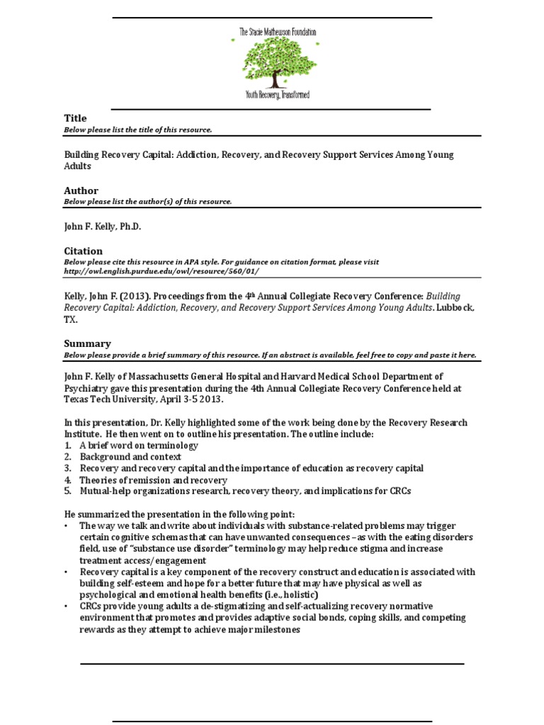 Building Recovery Capital: Addiction, Recovery, and Recovery Support ...
