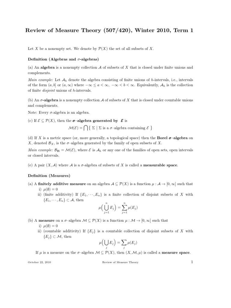 Review of Measure Theory (507/420), Winter 2010, Term 1 | PDF | Measure ...
