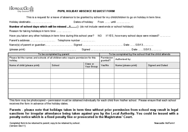 Pupil Holiday Absence Request Form | PDF | Career & Growth | Language ...