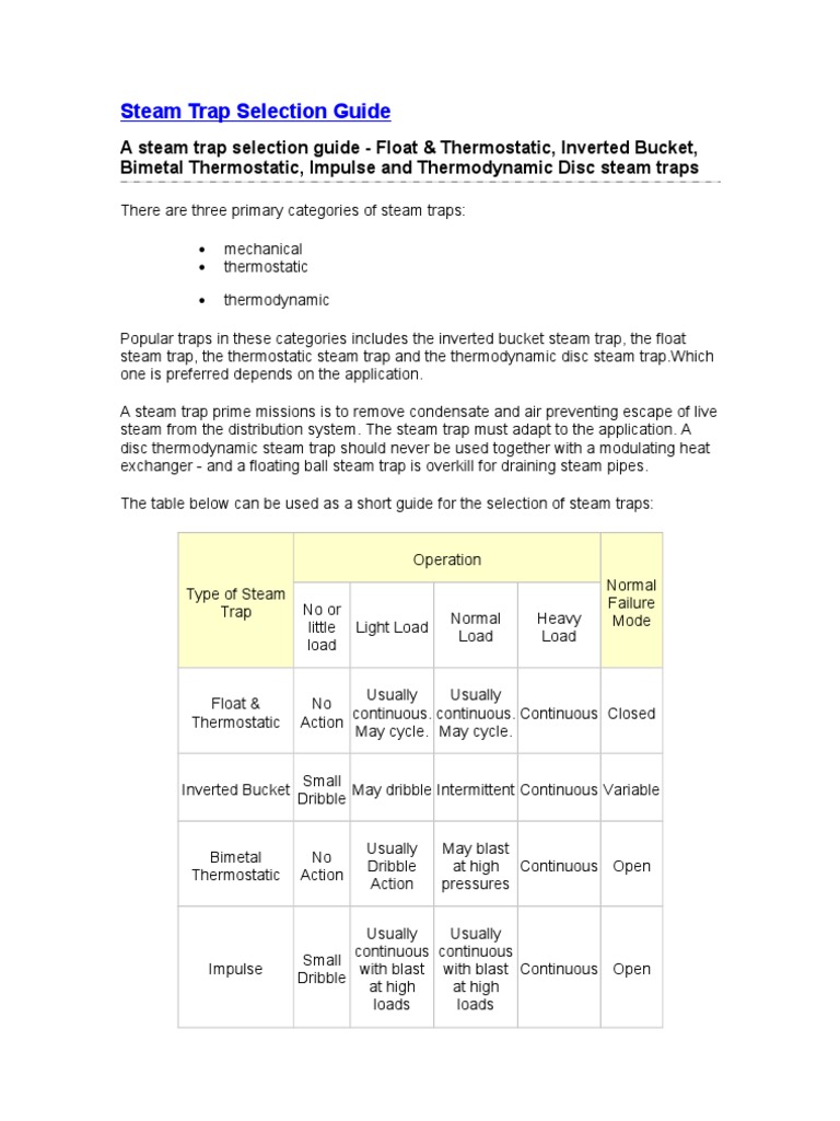 Steam Trap Selection Guide Overview | PDF | Steam | Heat Exchanger