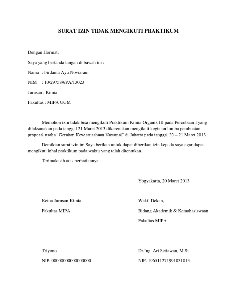 Contoh Surat Izin Tidak Mengikuti Praktikum - Kumpulan Surat Penting