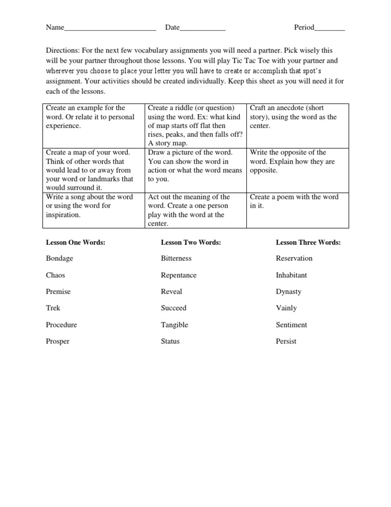 Vocabulary Tic Tac Toe Activities | PDF