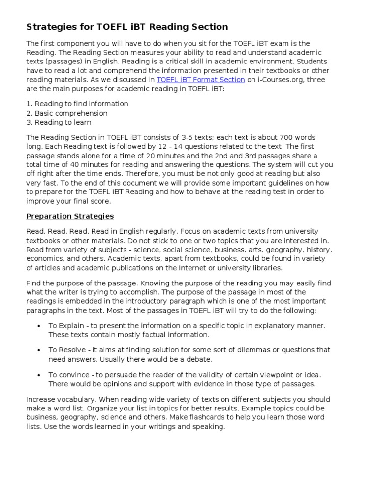 Strategies for Mastering the TOEFL iBT Reading Section | PDF | Reading ...