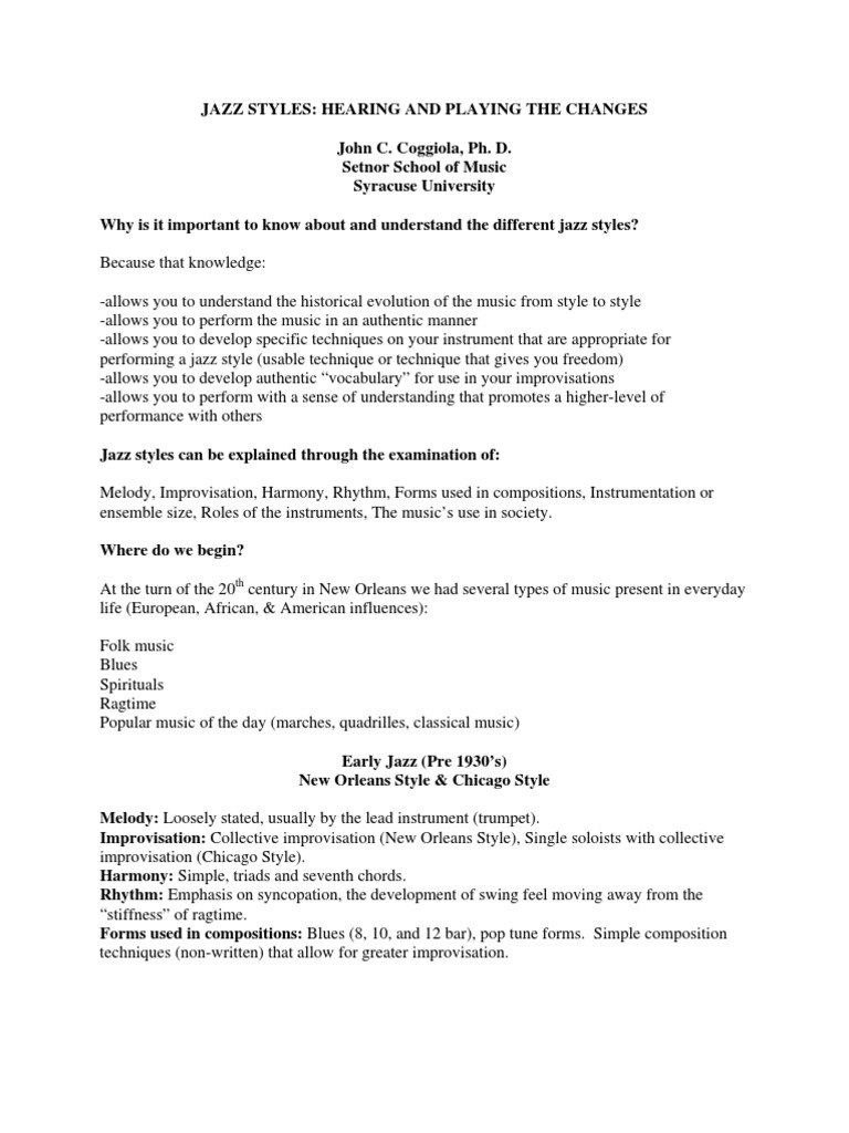 Jazz Styles Handout 2 | Jazz | Musical Instruments