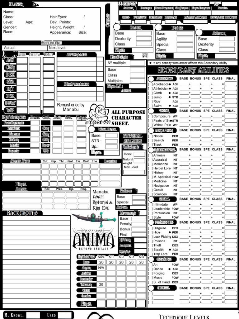 Anima Complete Character Sheet Editable | PDF | Leisure | Business