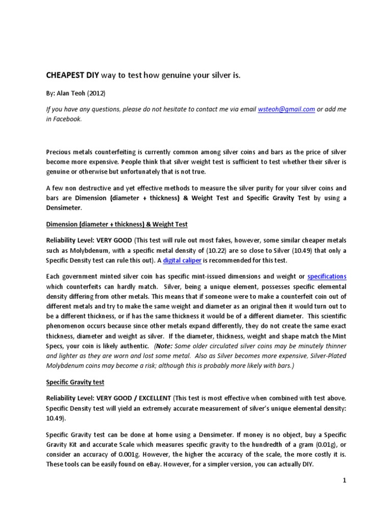 Testing Silver Purity with Densimeter | PDF | Silver | Density