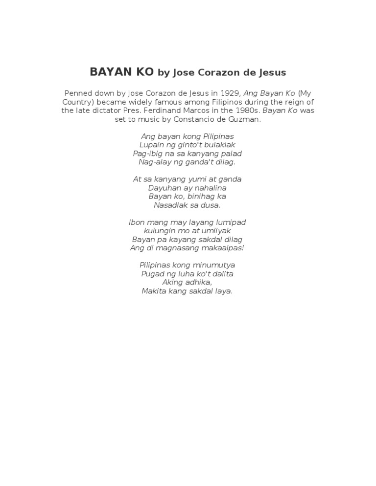 BAYAN KO by Jose Corazon de Jesus | PDF
