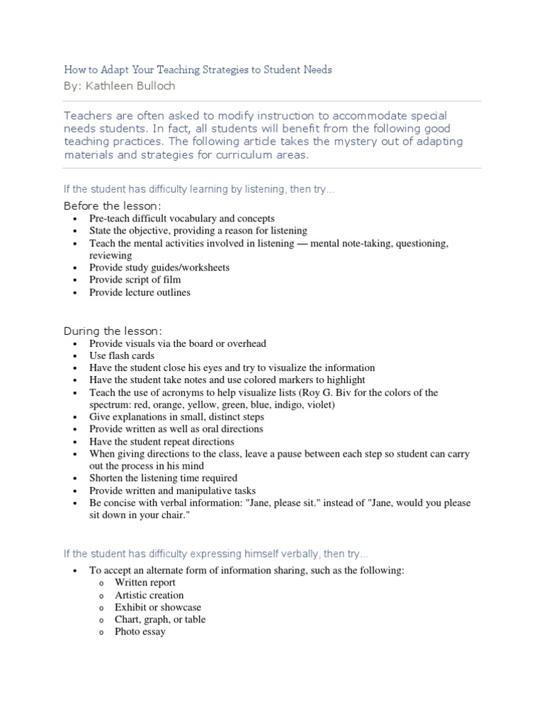 How To Adapt Your Teaching Strategies To Student Needs | PDF | Spelling ...