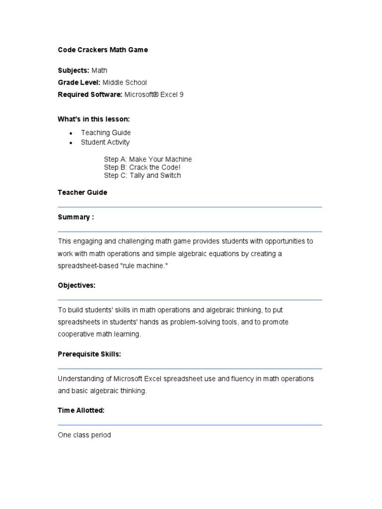 Code Crackers Math Game | PDF | Microsoft Excel | Spreadsheet