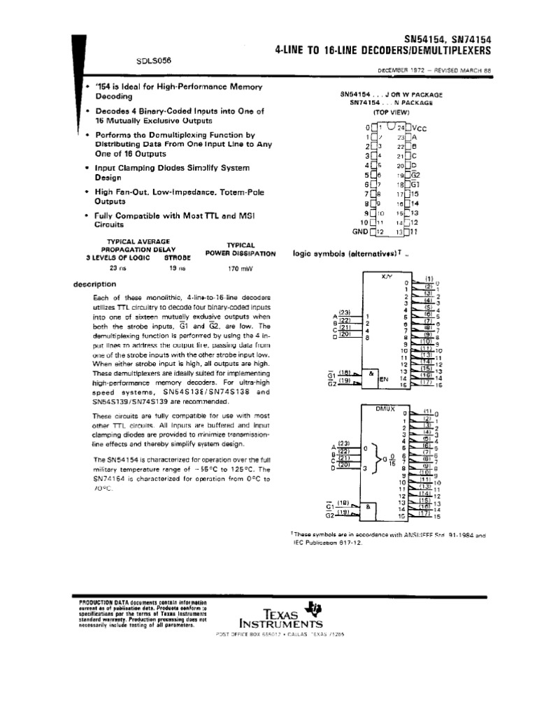 SN74154N-4to16 Demux Datasheet | Electronics | Technology