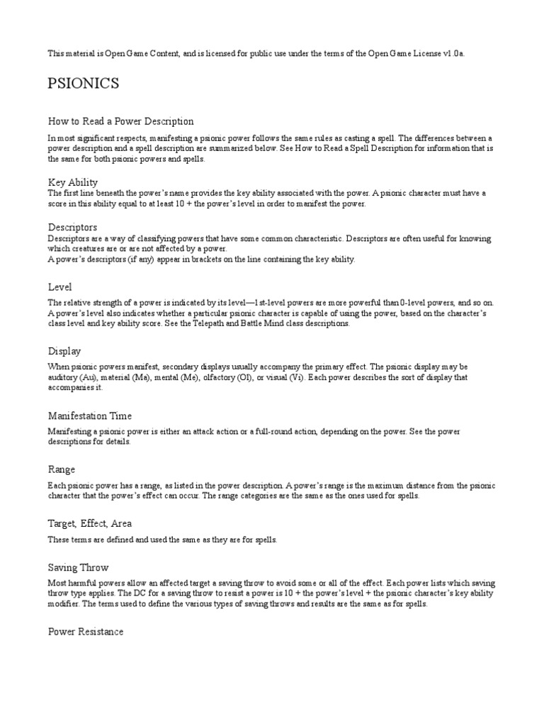 Psionics: How To Read A Power Description | PDF