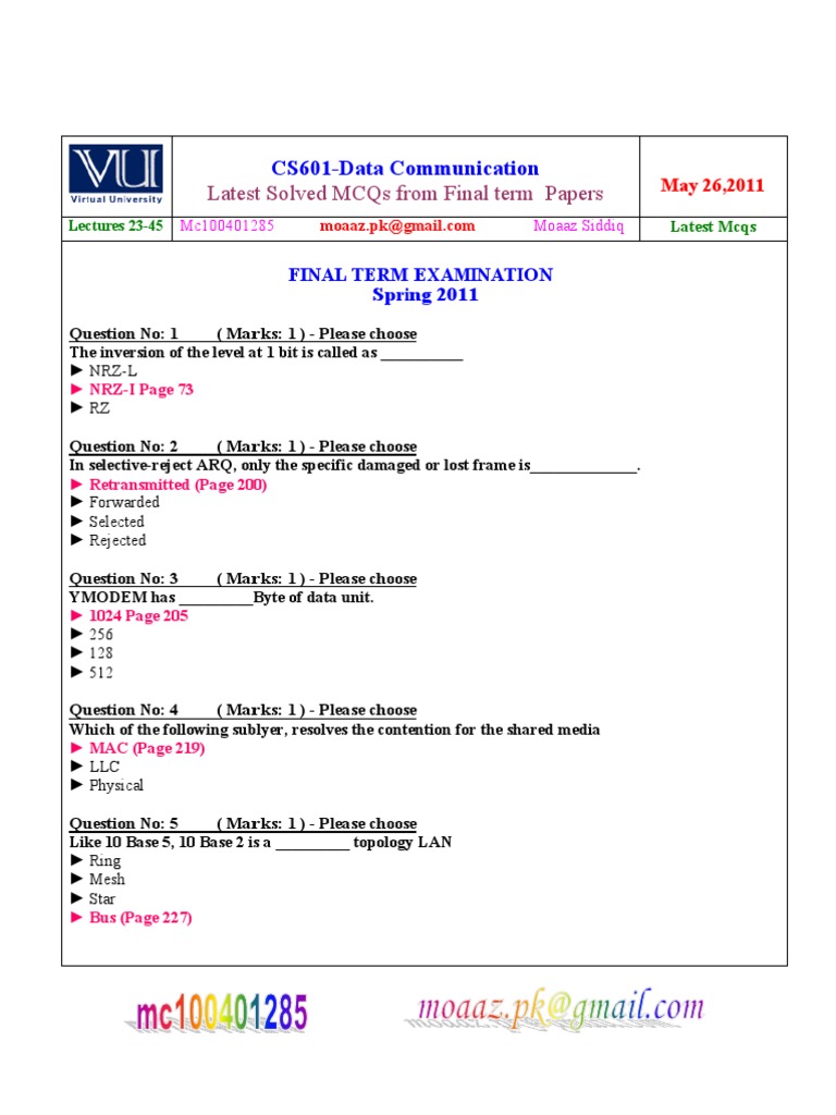 CS601 Data Communication MCQs Guide | PDF | Computers