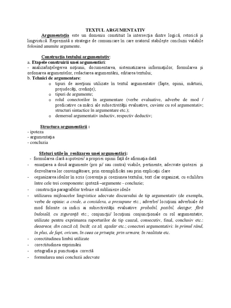 Textul Argumentativ Clasa 9 | PDF