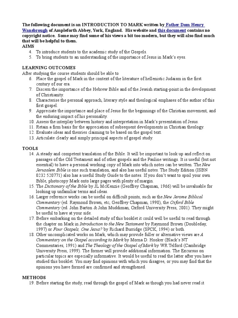 Wansbrough Introduction To Mark | PDF | Gospel Of Mark | Yahweh