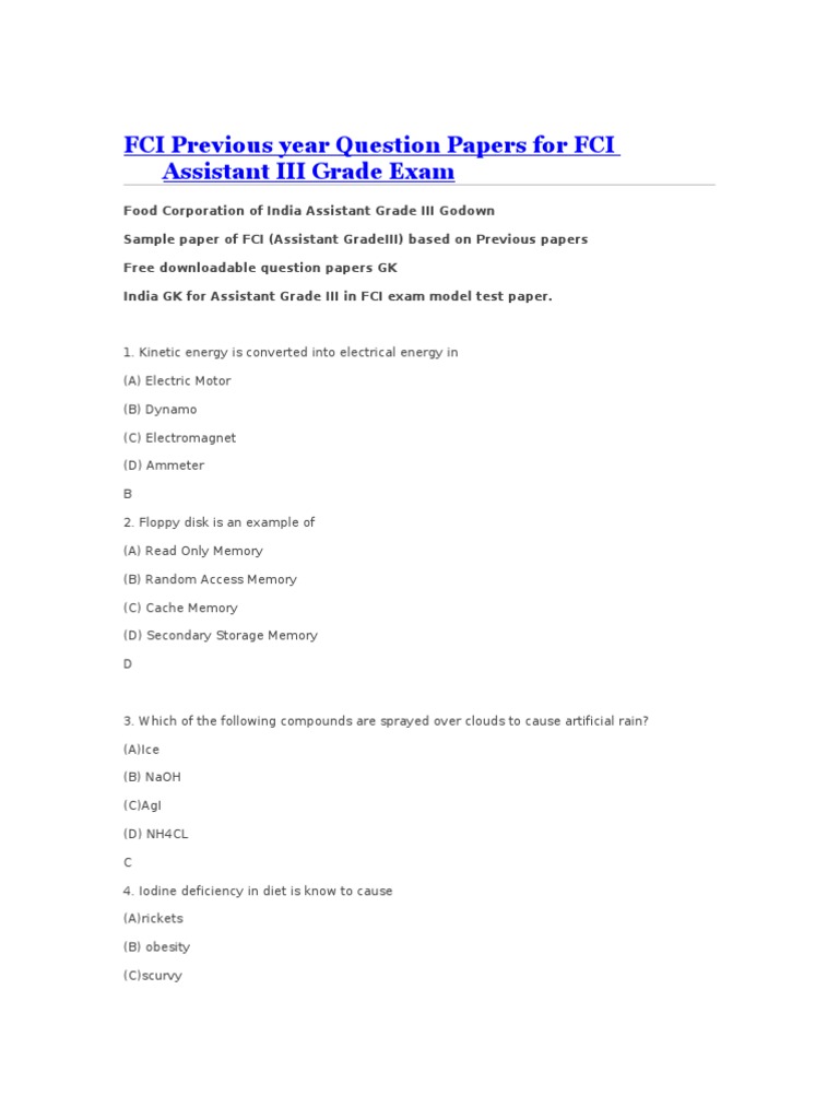 FCI Previous Year Question Paper For FCI Assistant III Grade Exam | PDF ...