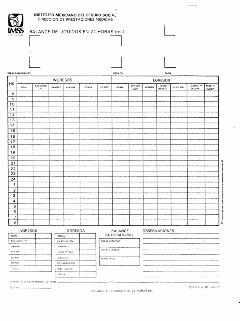 hoja de control de líquidos imss
