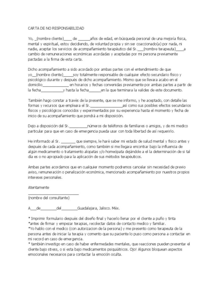 Carta de No Responsabilidad | PDF | Salud mental | Sicología Carta de No Responsabilidad | PDF | Salud mental | Sicología