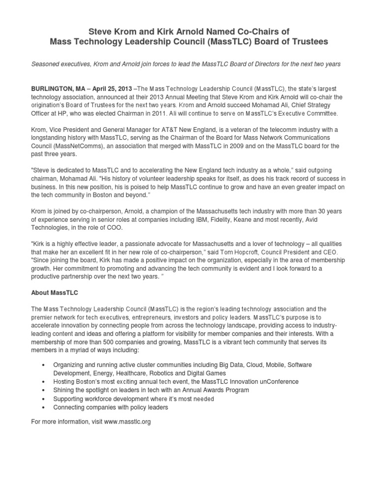 MassTLC Names Krom & Arnold Co-Chairs | PDF | Business