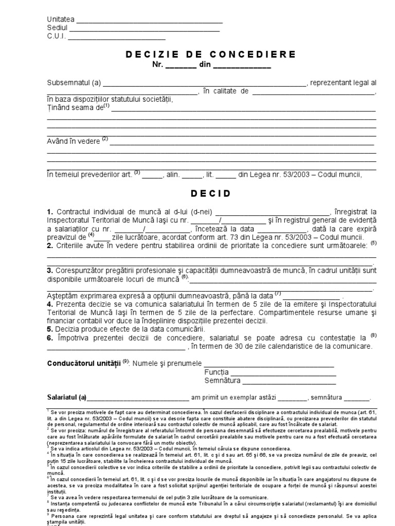 Formular Decizie Concediere | PDF