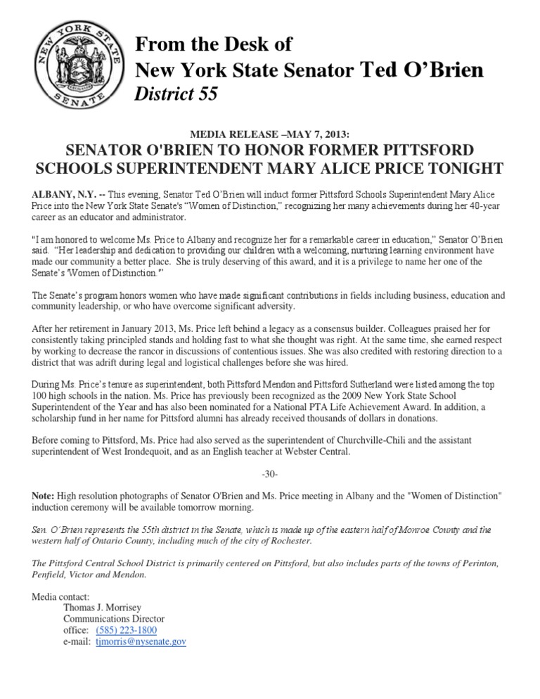 Senator O'Brien To Honor Former Pittsford Schools Superintendent ...