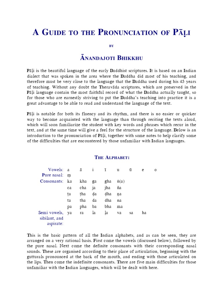 A Guide To The Pronunciation of Pali | PDF | Consonant | Vowel